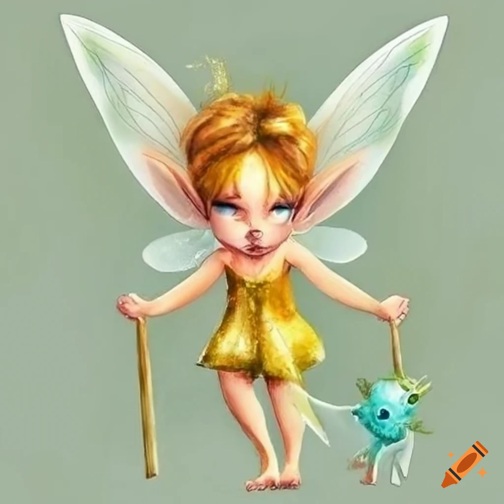 Watercolor painting of a pouting pixie fairy in a golden dress on Craiyon