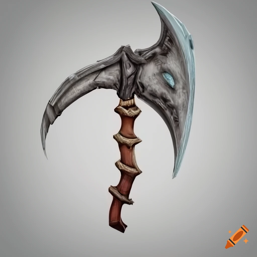 Stylized 3d model of a scythe with bone handle
