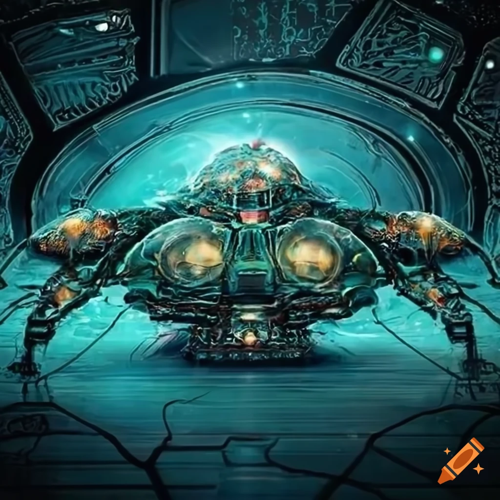 Surrealist artwork of aliens and machines in front of a computer on Craiyon