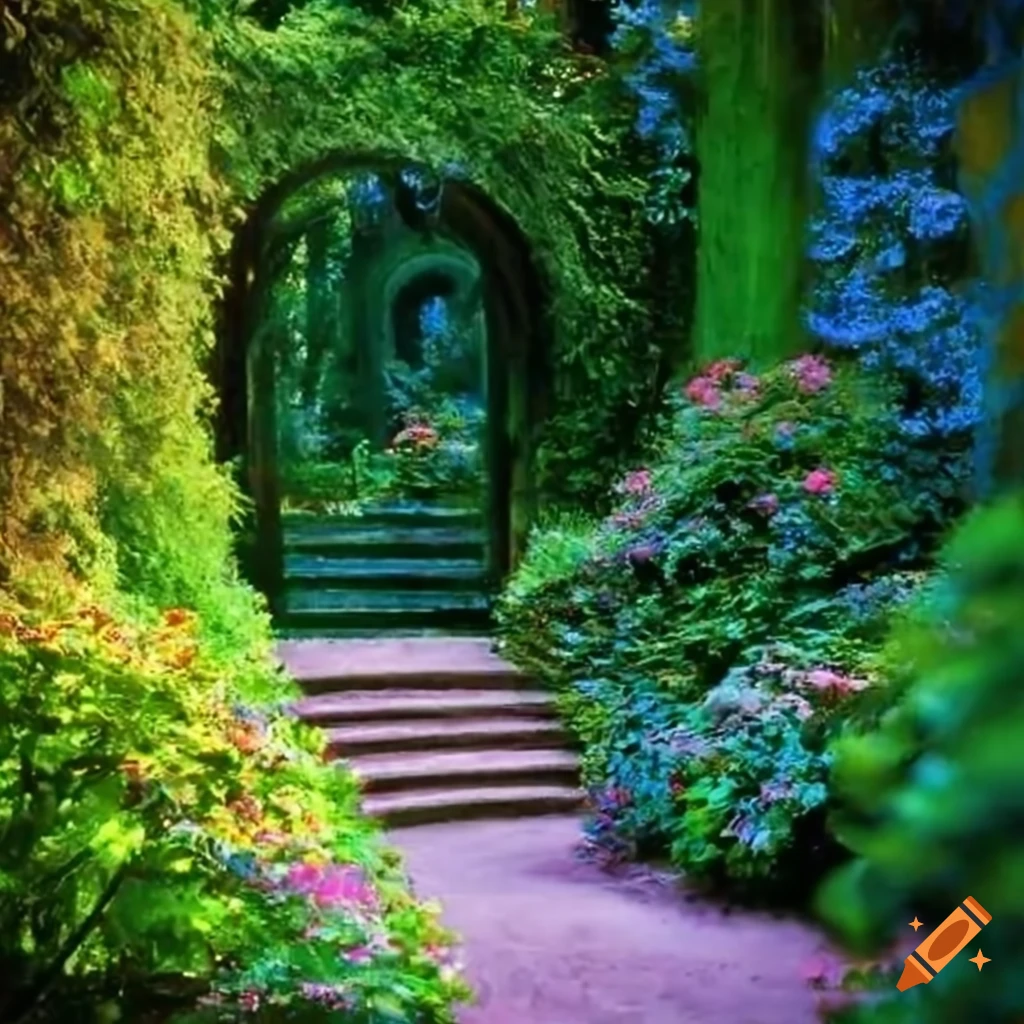 Enchanting medieval garden with vibrant flowers and cobblestone steps ...