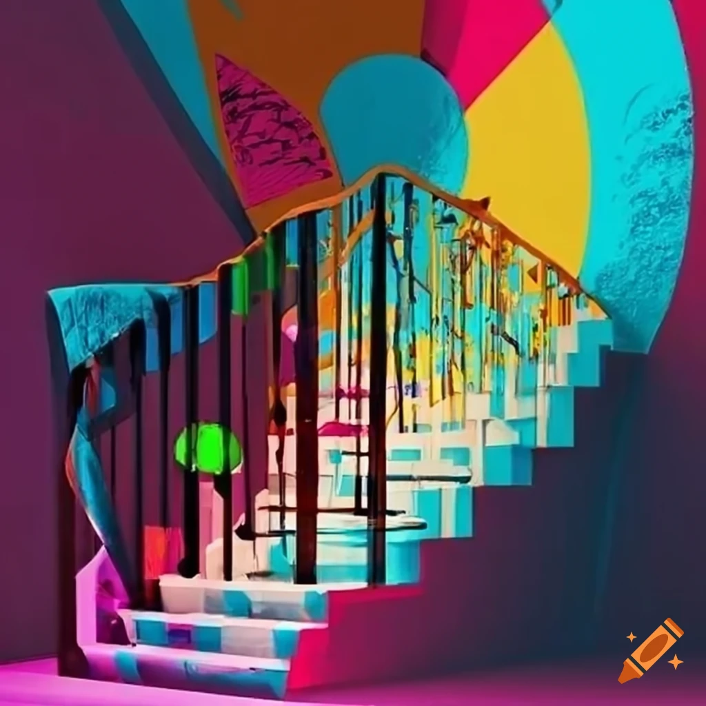 A staircase with pop art and photo gallery on Craiyon