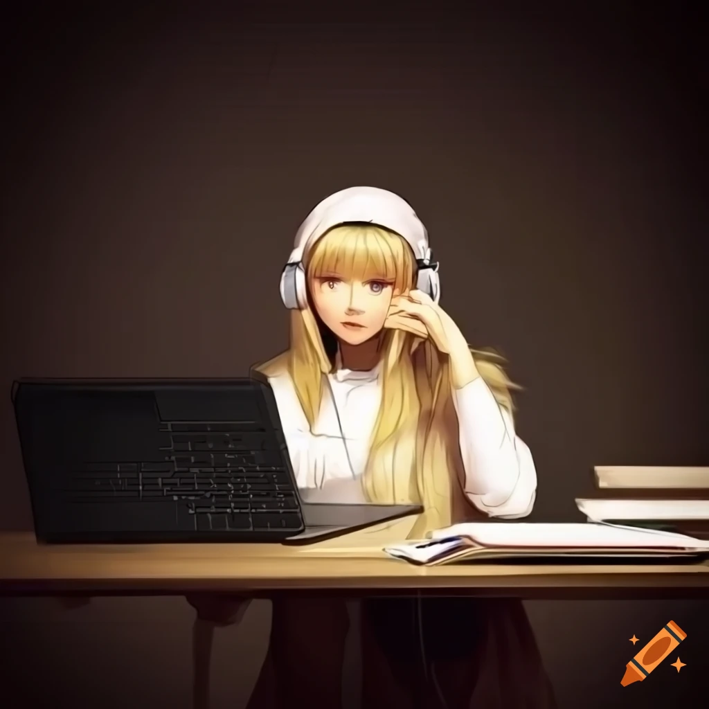 Anime girl studying and listening to music