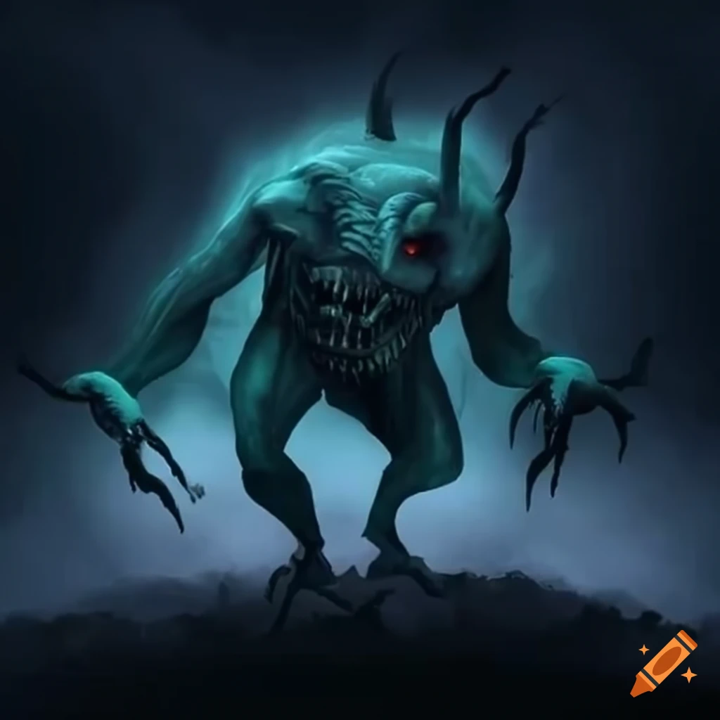 Sinister monster in a dark and misty environment on Craiyon