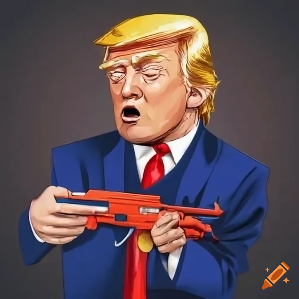 Surreal image of trump holding a toy gun