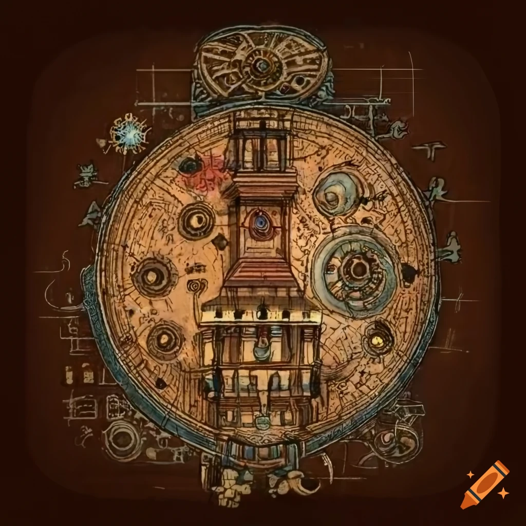 Schematic-style renaissance city with steampunk elements on Craiyon