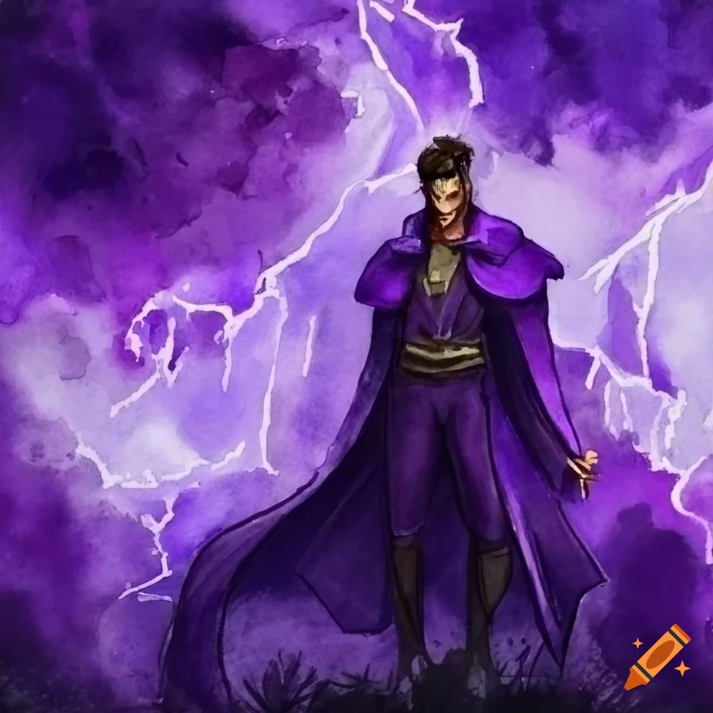 Watercolor painting of a mage character with purple lightning on Craiyon