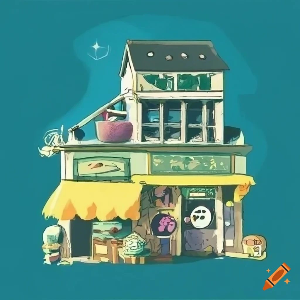 Studio ghibli-style illustration of a record store