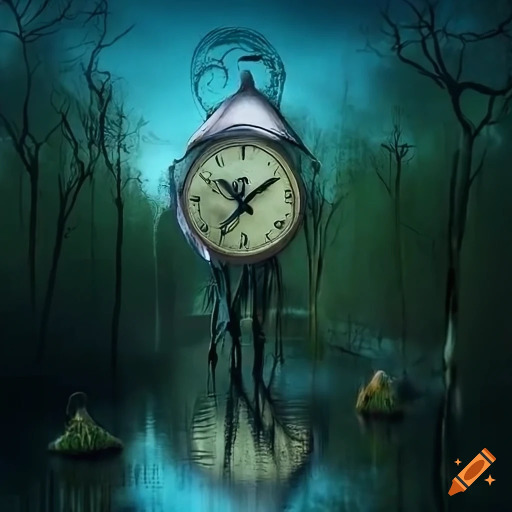 Surrealist urban park with clock and hybrid creatures on Craiyon