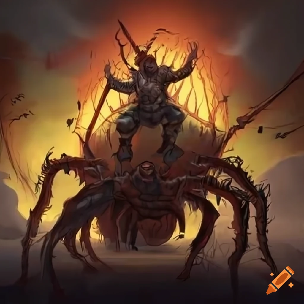 Epic fantasy illustration of a man and an orc riding a spider-like ...