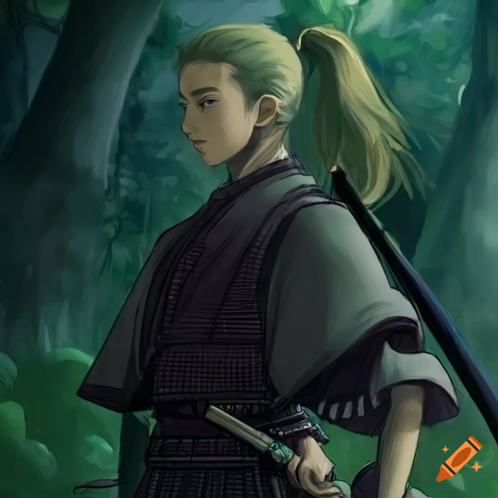 Portrait of a young ronin samurai with long black hair