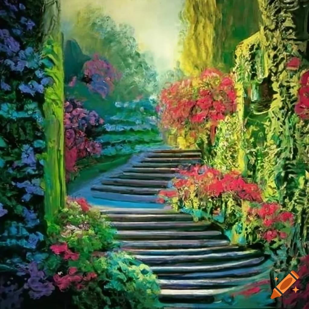 Viktorian garden with curved stairs on Craiyon