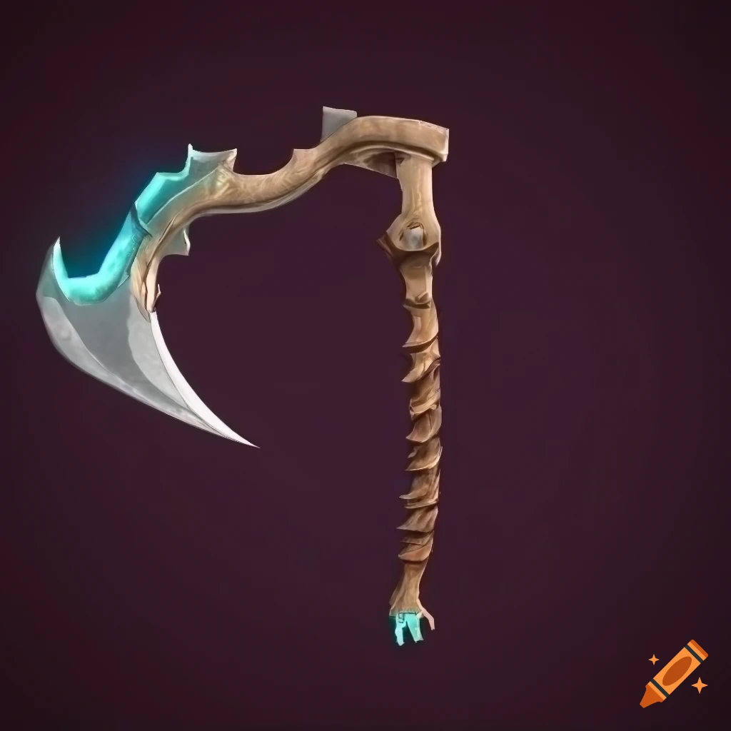 Stylized 3d art of a scythe with a bone handle