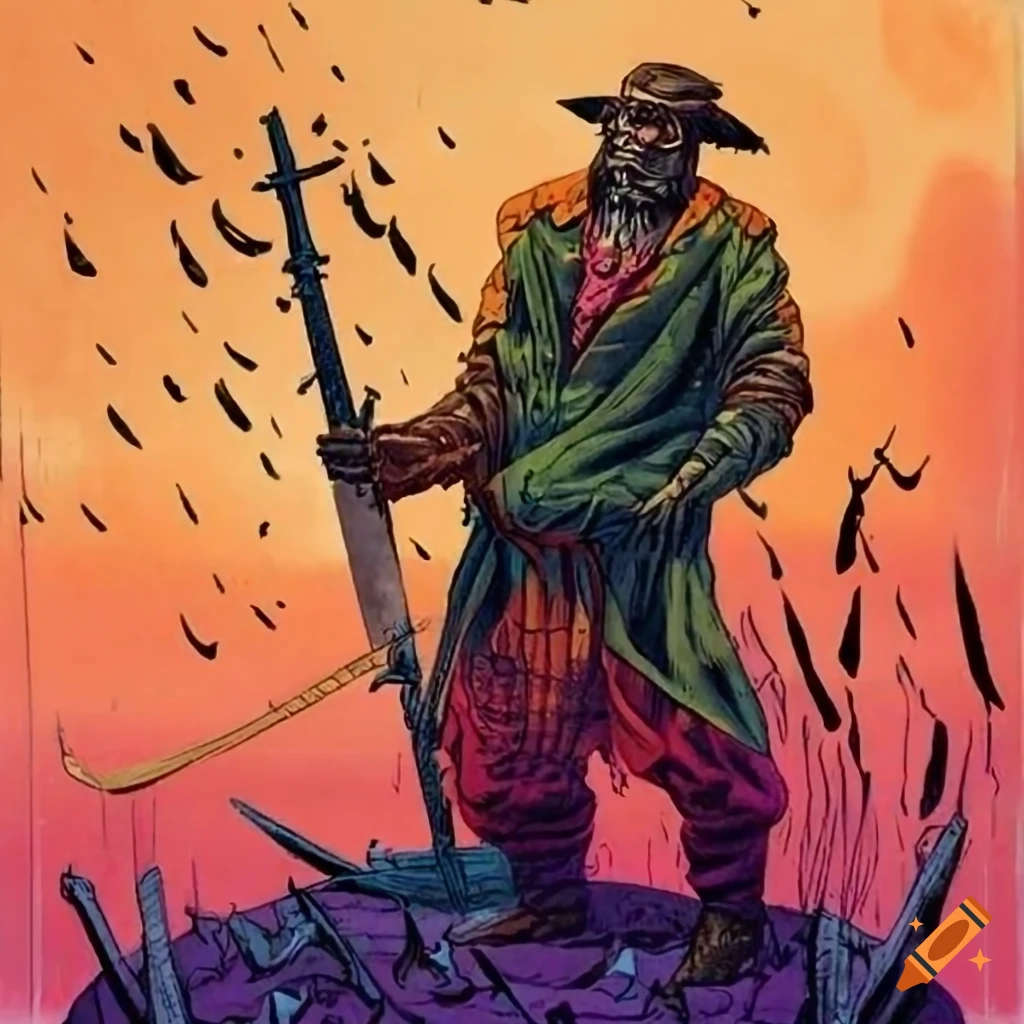 Comic book cover of a fisherman with a sword and confronting god