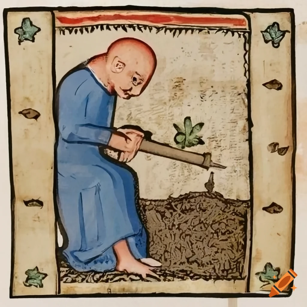 Medieval manuscript illustration of a male druid teaching tree beetle ...
