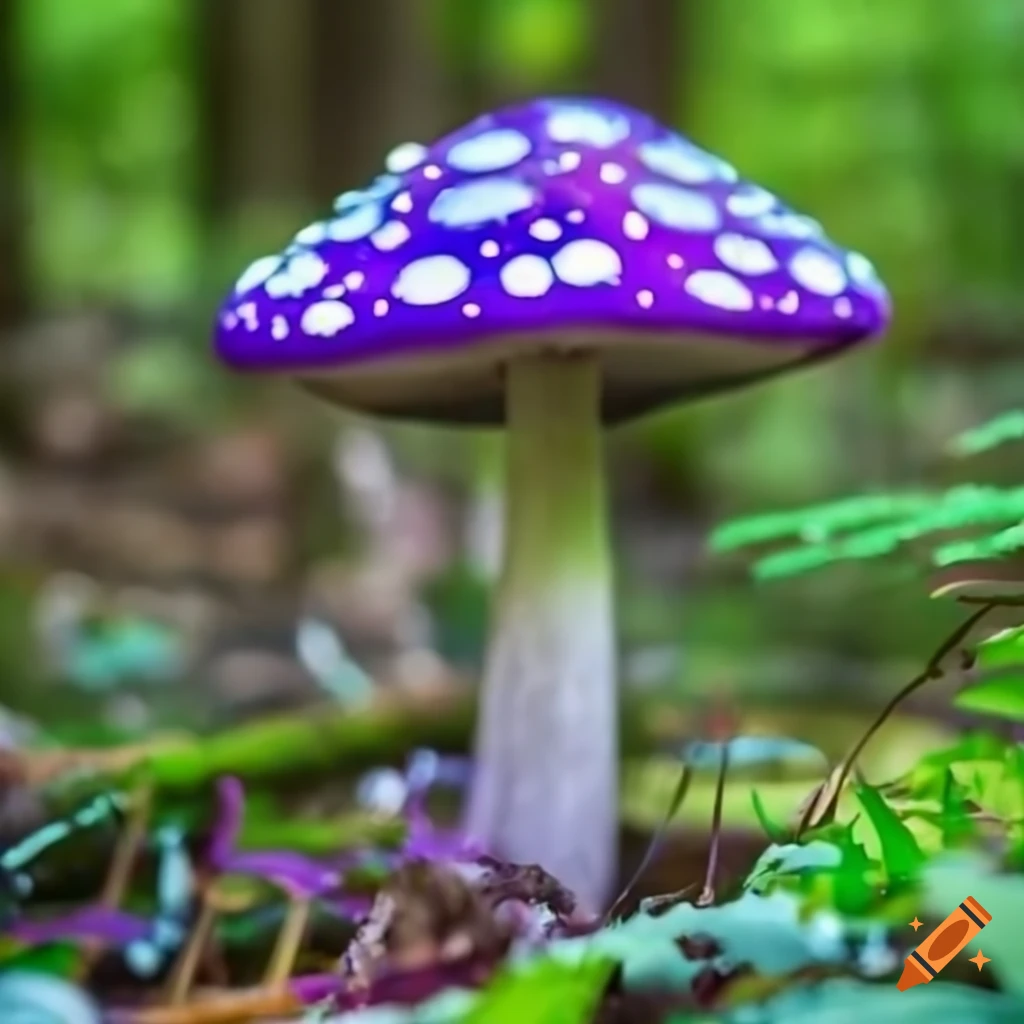 Mysterious purple and blue mushroom in a magical forest