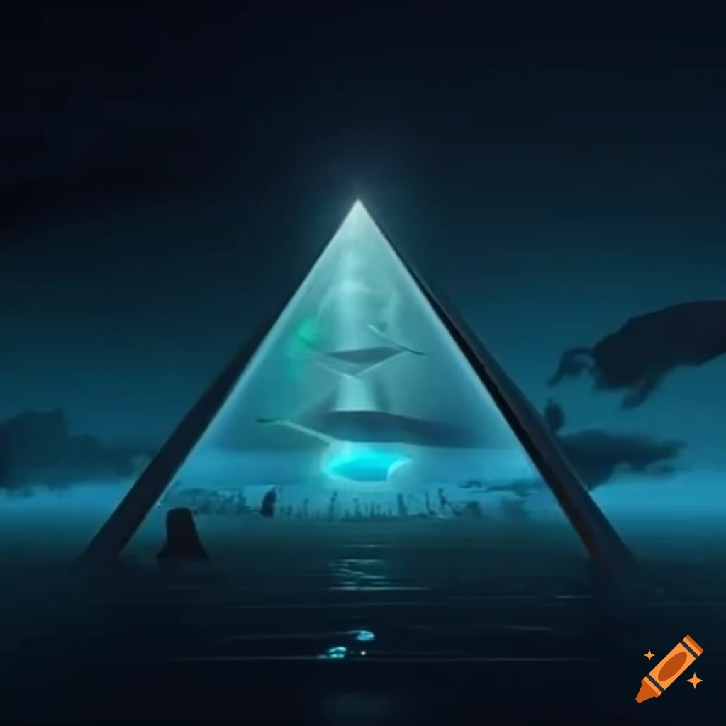 Futuristic pyramid flying in the sky