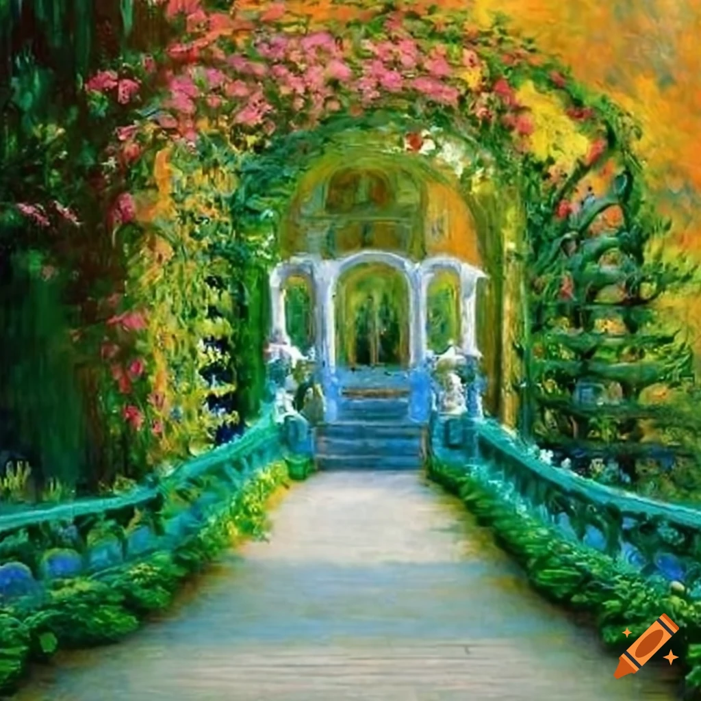 Painting of a grand garden with curved stairs