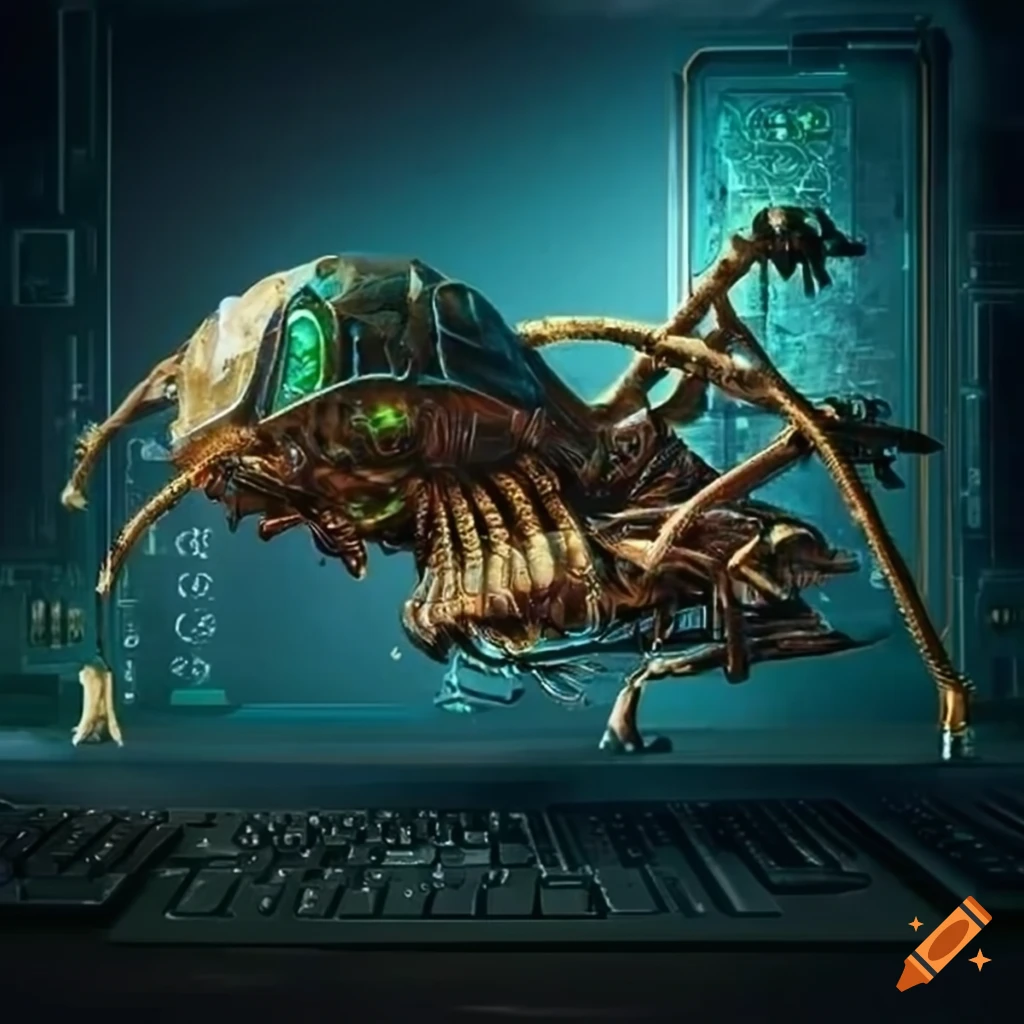 Surreal artwork of insect-like aliens and machinery in front of ...