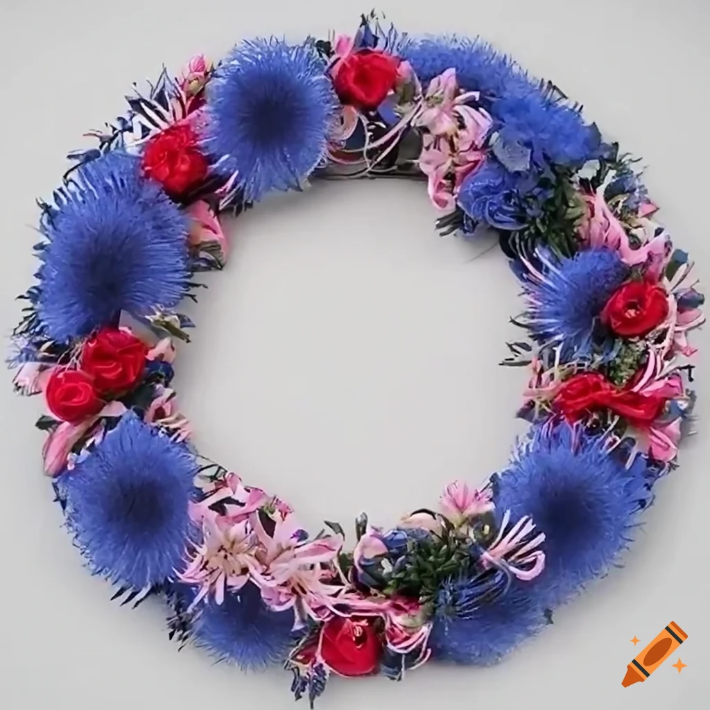 Intricate pink and blue flower wreath on Craiyon