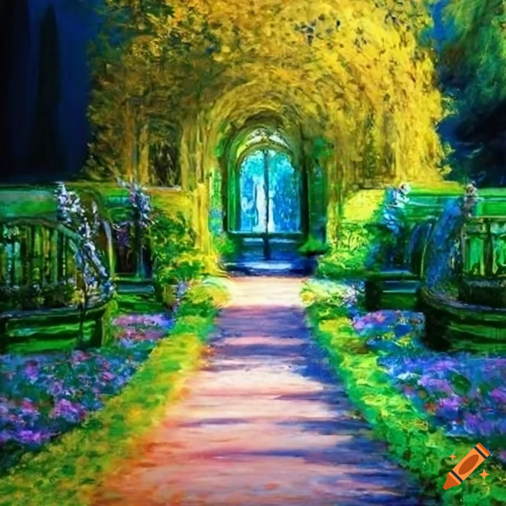 Monet-inspired garden with curved stairs on Craiyon