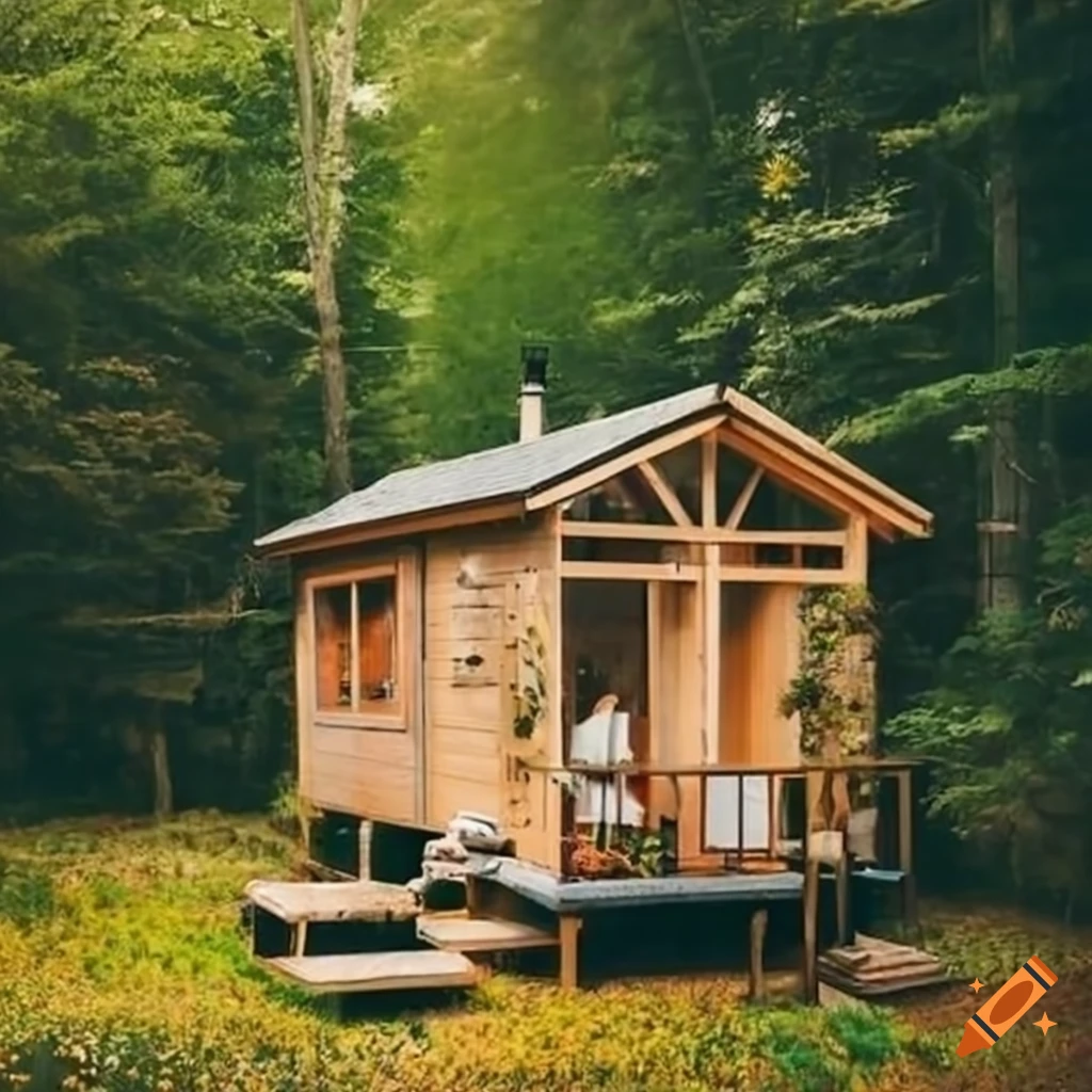Wooden cabin with terrace surrounded by trees and plants on Craiyon
