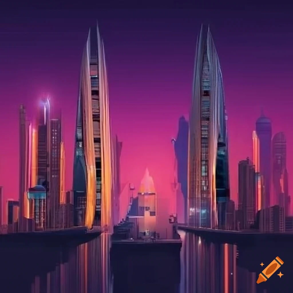 Futuristic cityscape with pink sunset in india