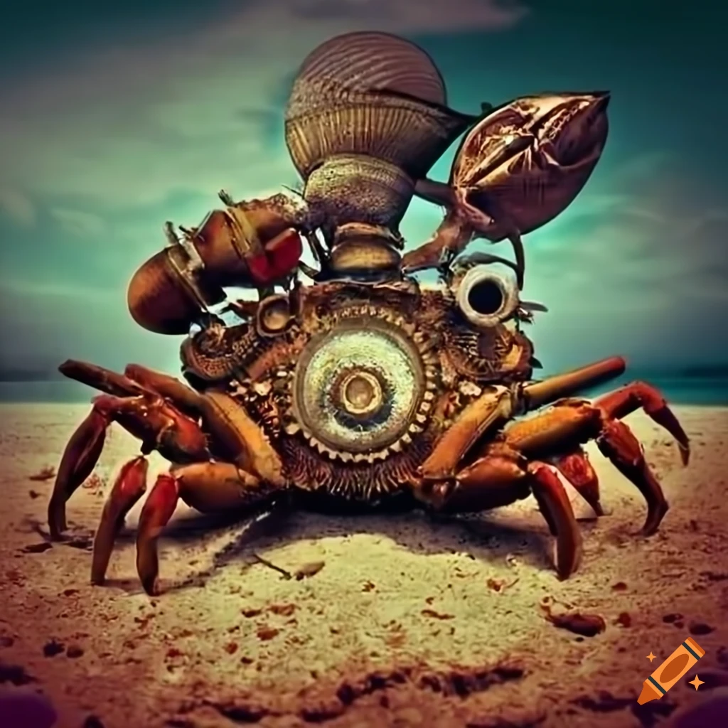 Surreal steampunk crab machines on the beach on Craiyon
