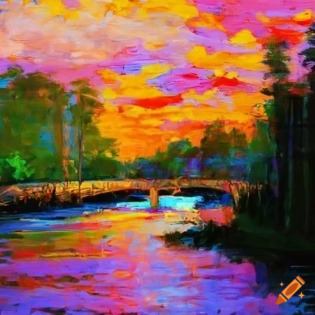 Impressionistic painting of a river embankment cityscape