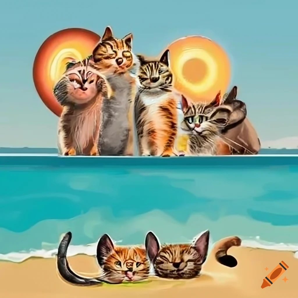 Cats enjoying a sunny day at the beach with a laptop on Craiyon