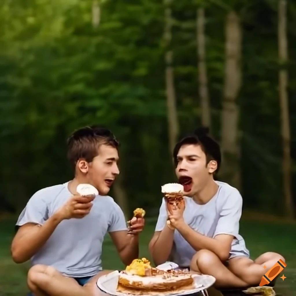 Two guys enjoying a cake on a picnic on Craiyon