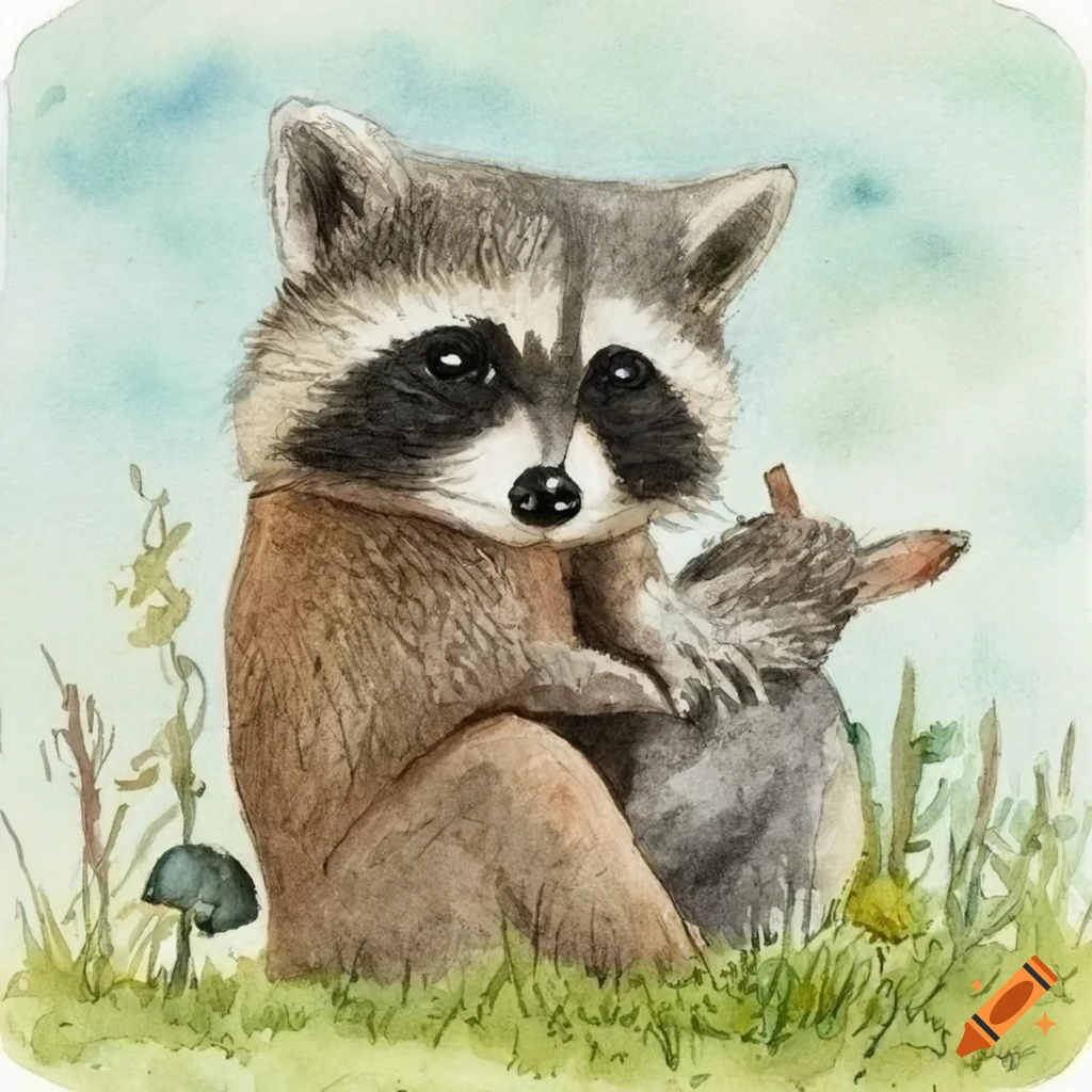 Watercolor pencil drawing of a raccoon and rabbit in a clearing on Craiyon