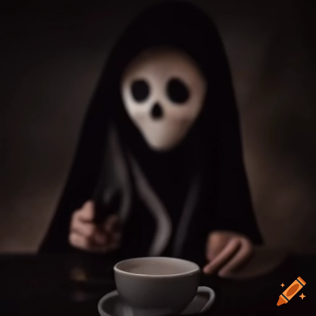 Cute ghost drinking coffee