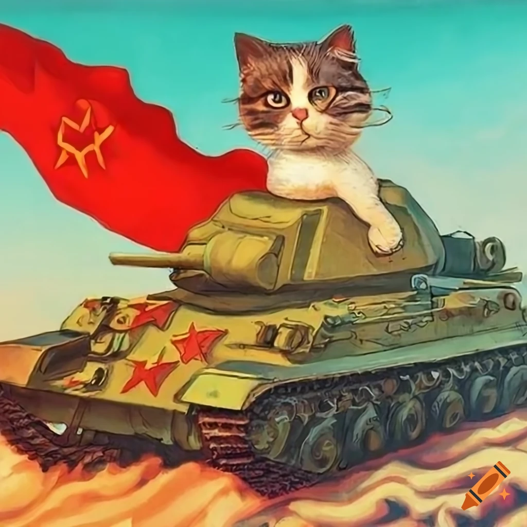 Vintage soviet propaganda art with a cute cat and a tank on Craiyon