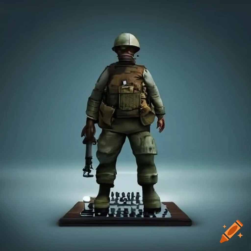 Chess-themed soldier marching on a battlefield on Craiyon