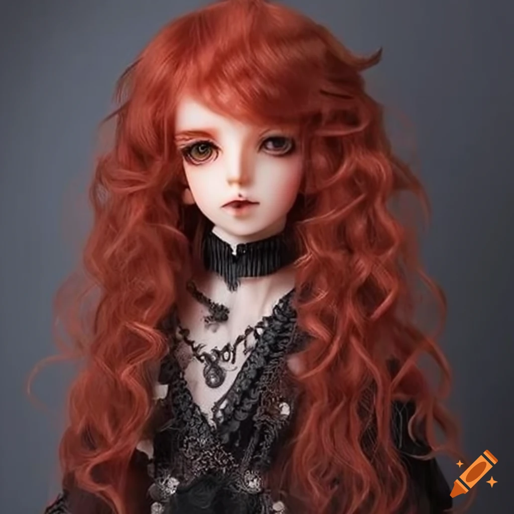 Elegant gothic bjd boy with long red curly hair on Craiyon