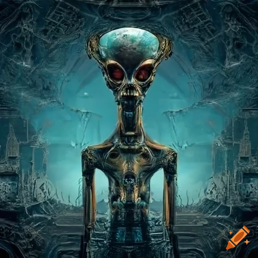 Surrealist artwork of aliens and machines