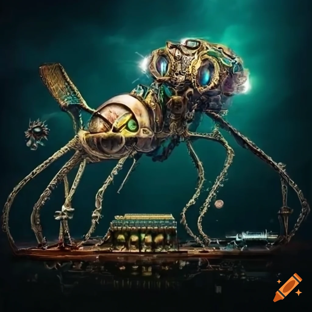 Surrealist artwork of insects and machines in front of computer boards ...