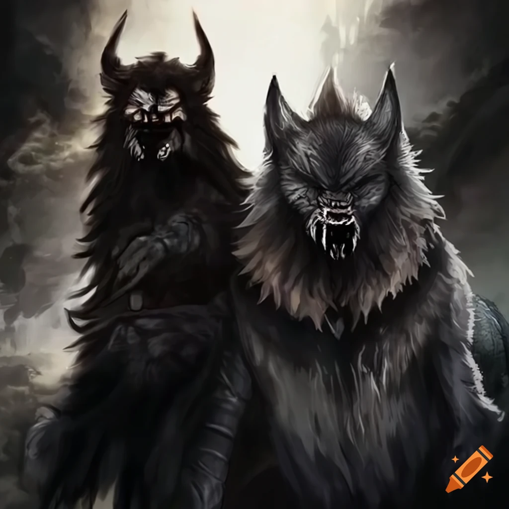 Two fantasy werewolves standing together on Craiyon