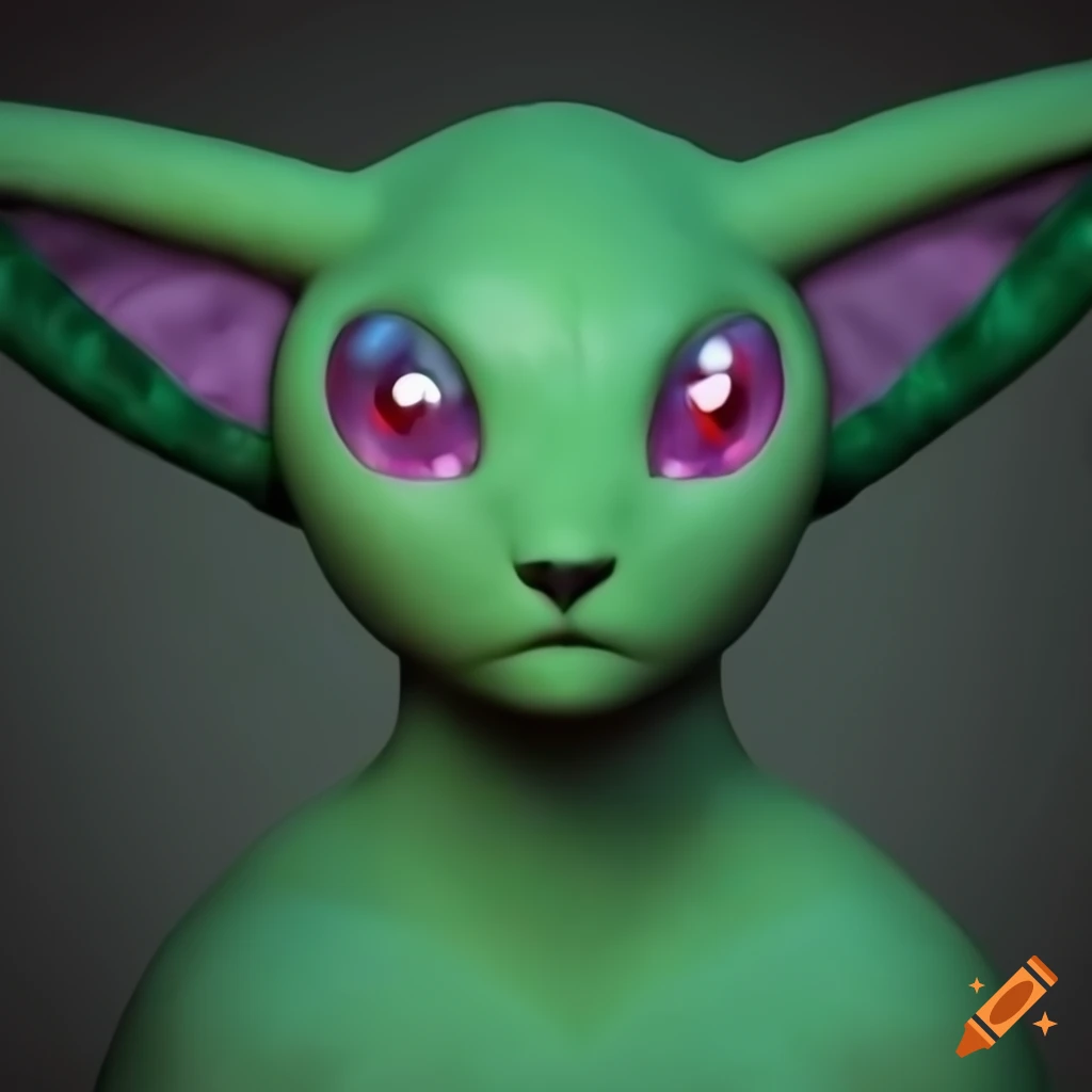 Realistic depiction of a green espeon with red gem on Craiyon