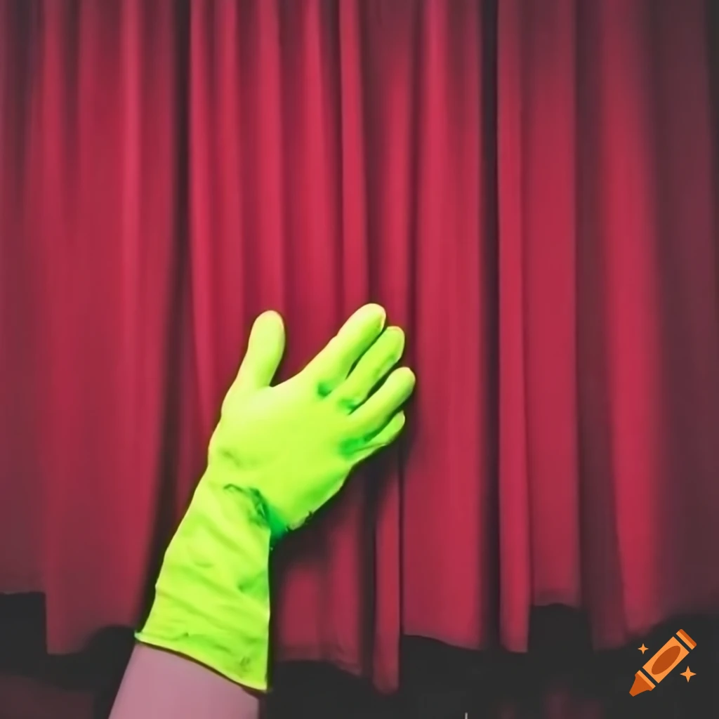 Opening red theatre curtain with yellow glove on Craiyon