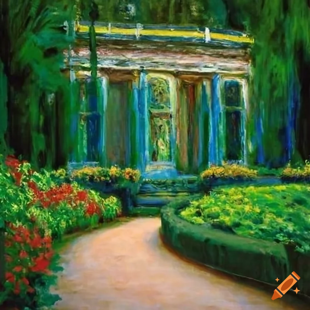 Monet-inspired garden painting with palace stairs on Craiyon