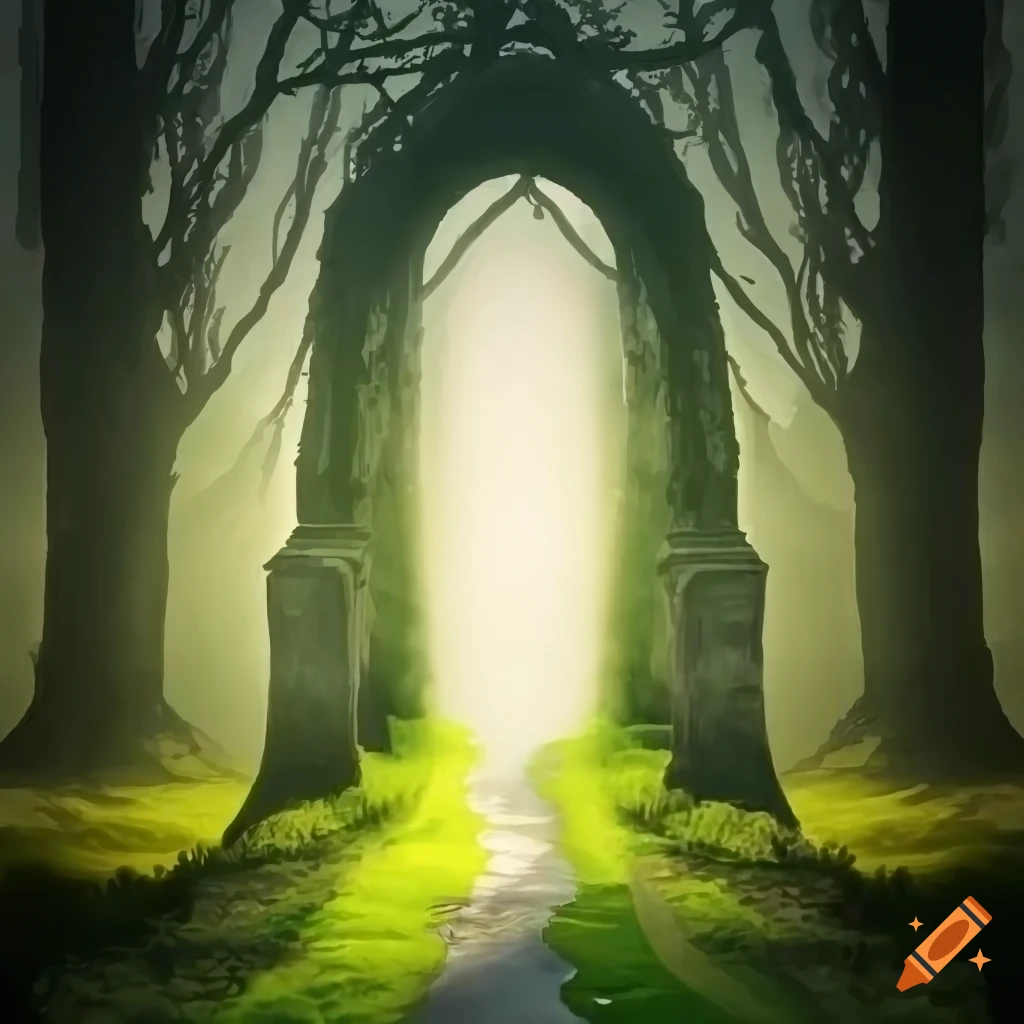 Artistic depiction of a serene landscape with trees and gate on Craiyon