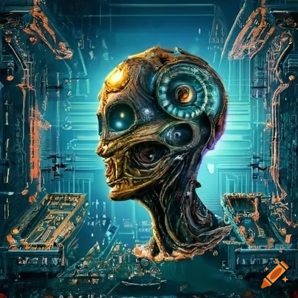 Surrealist artwork of aliens and machines in front of computer boards