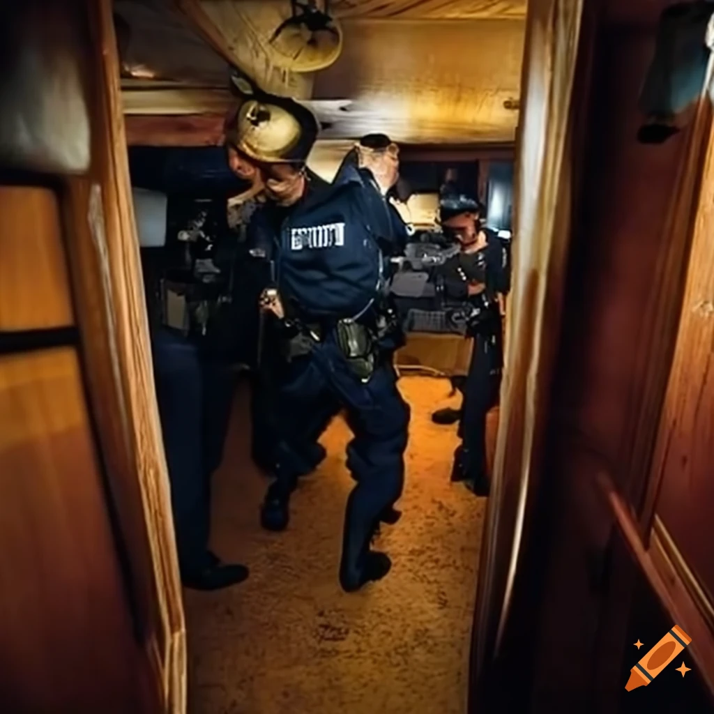 Police searching for contraband in a ship's cabin on Craiyon