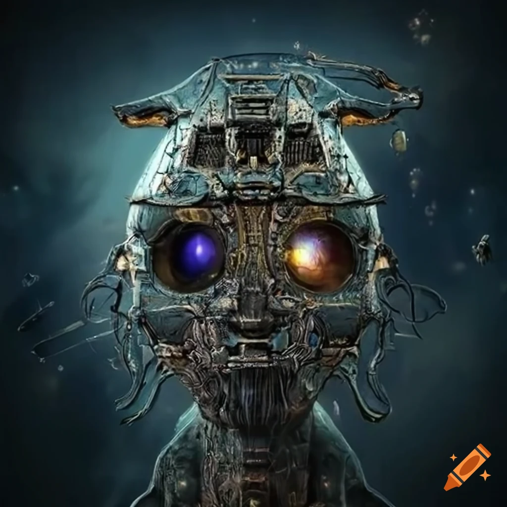 Surrealist artwork with strange machines and spaceship