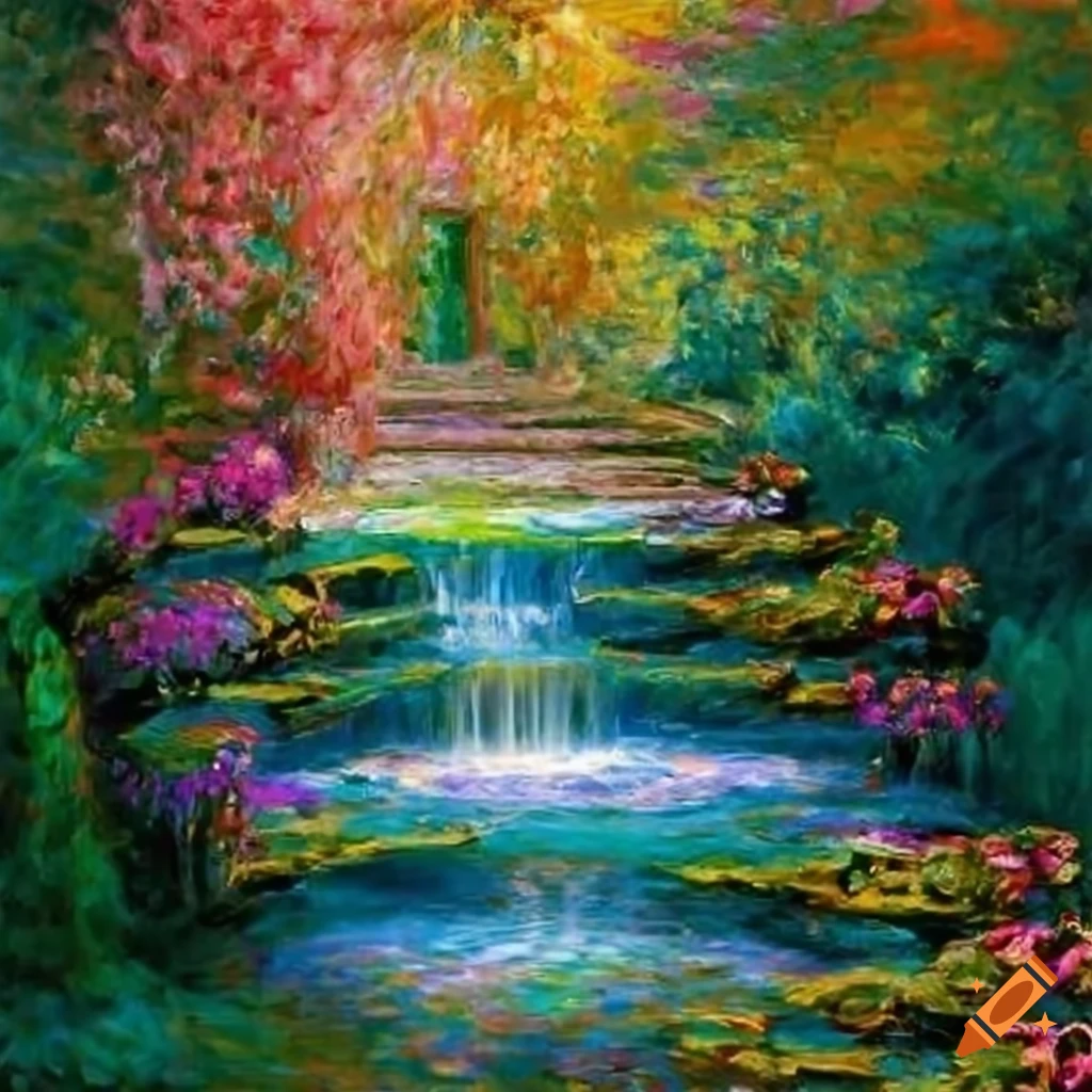 Monet-inspired garden with elegant curved stairs and a palace waterfall ...