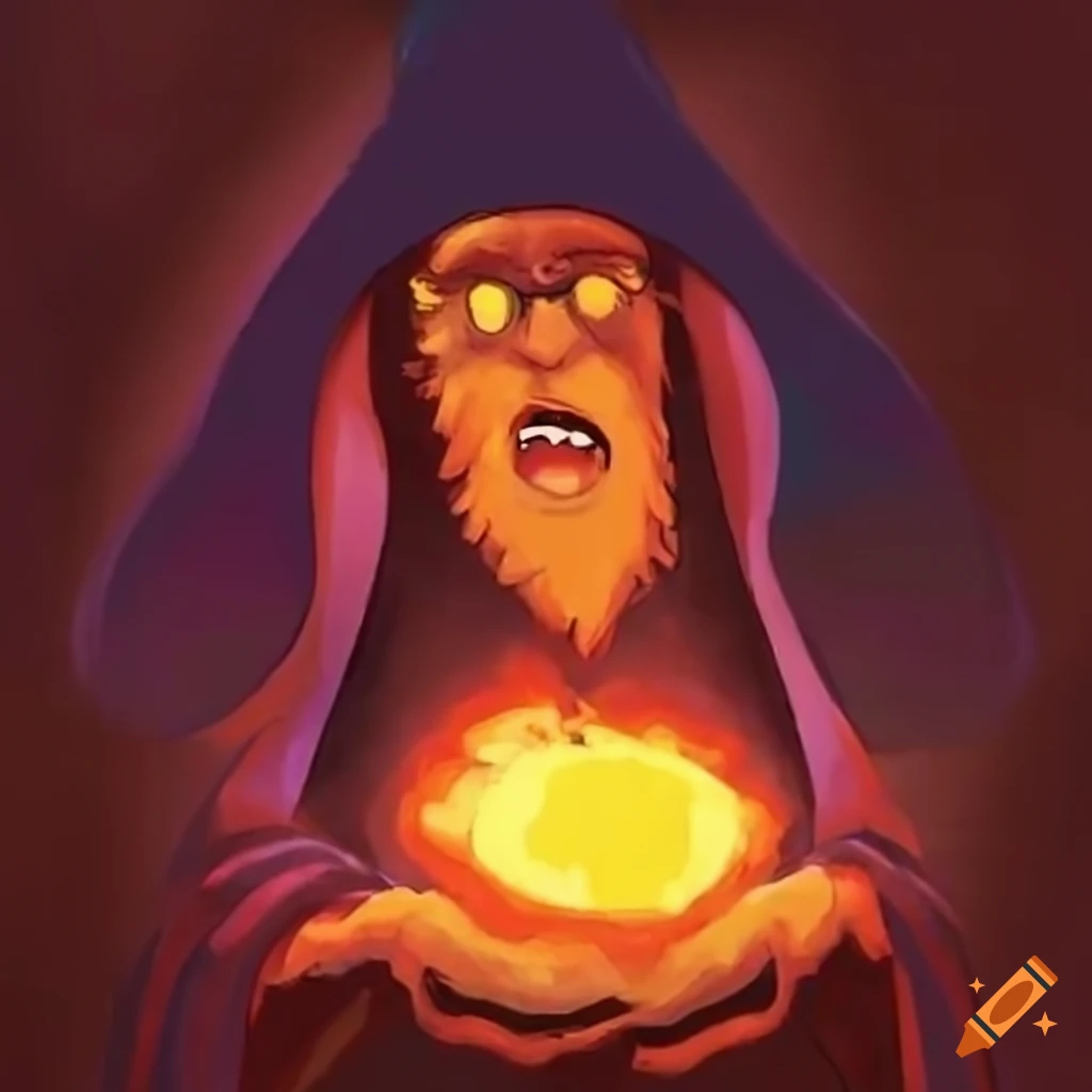 Cartoon image of a wizard casting a fiery spell on Craiyon