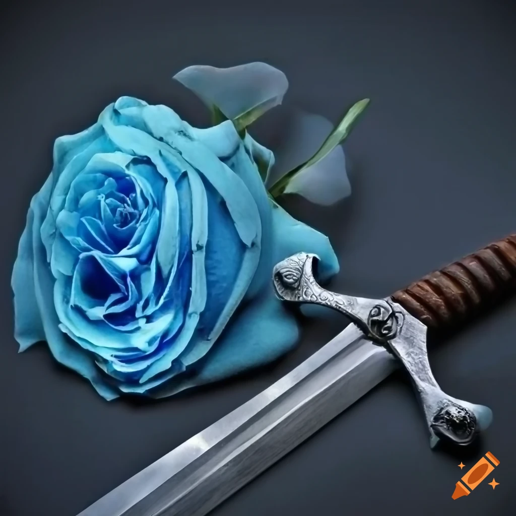 Blue rose next to a medieval sword