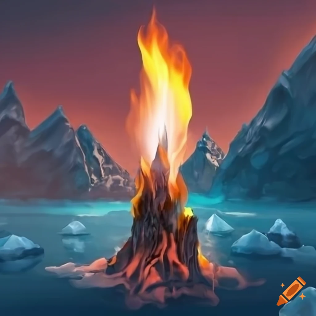 Fantasy illustration of fire igniting in an icy world
