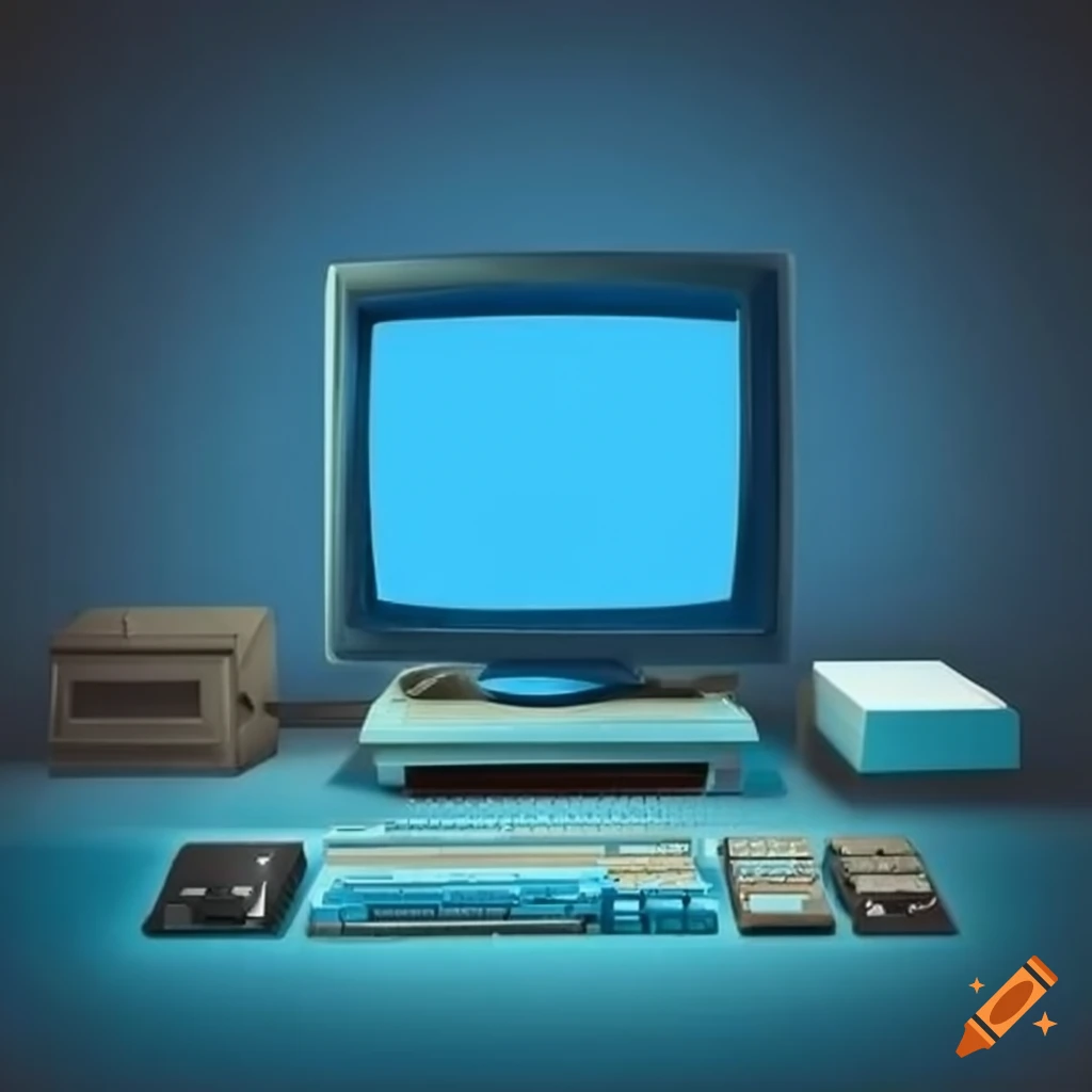 Blue-themed vintage computer in a room on Craiyon